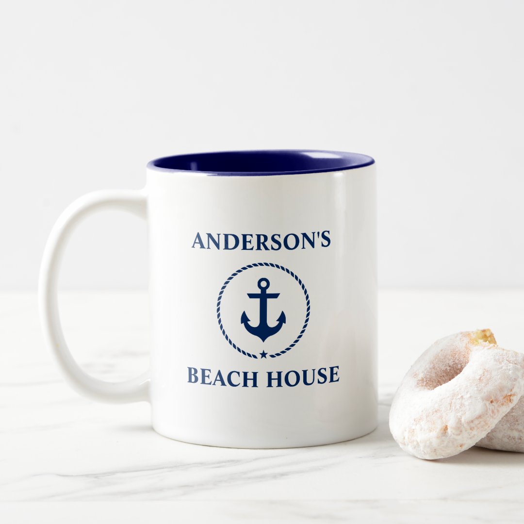 Nautical Family Name Beach House Navy Blue Anchor Two-Tone Coffee Mug ...