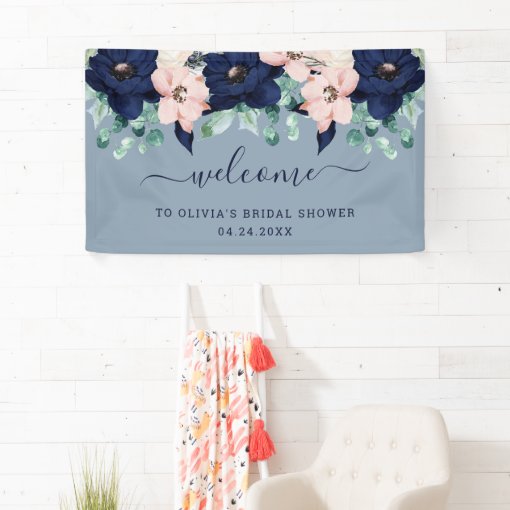 Nautical Flowers Navy Blue and Blush Pink Welcome Banner | Zazzle