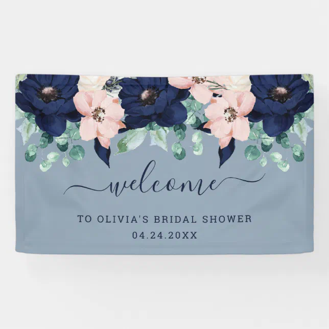 Nautical Flowers Navy Blue and Blush Pink Welcome Banner | Zazzle