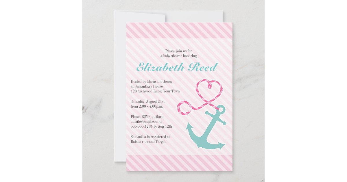 Nautical Girl Baby Shower Anchor w/ Heart Rope Invitation | Zazzle