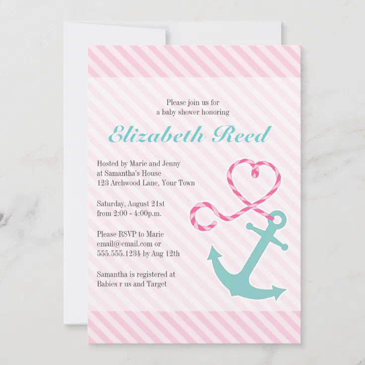 Nautical Girl Baby Shower Anchor w/ Heart Rope Invitation | Zazzle