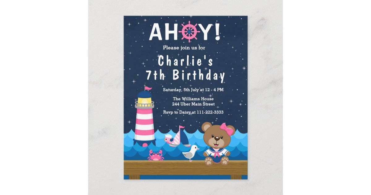 Nautical Girl Bear Pink and Navy Birthday Party Postcard | Zazzle