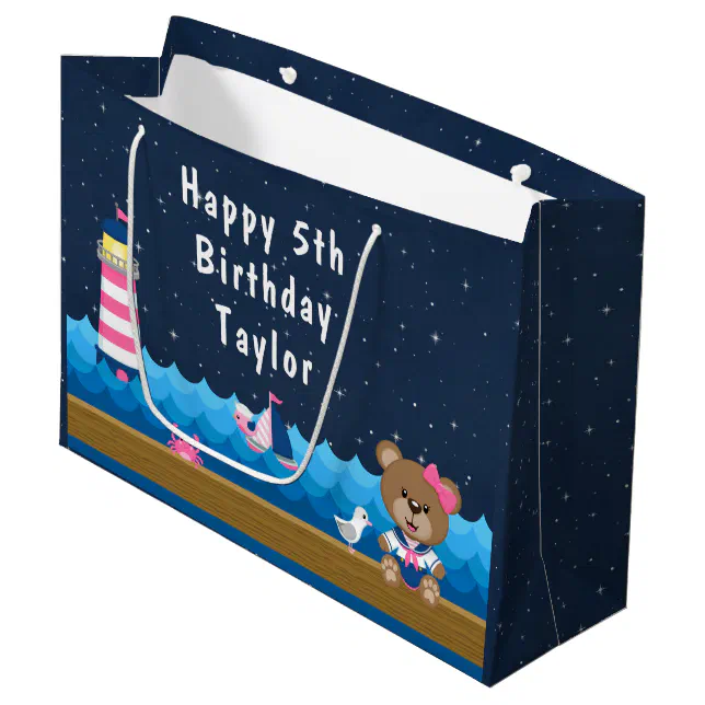 Nautical Girl Bear Pink and Navy Happy Birthday Large Gift Bag | Zazzle