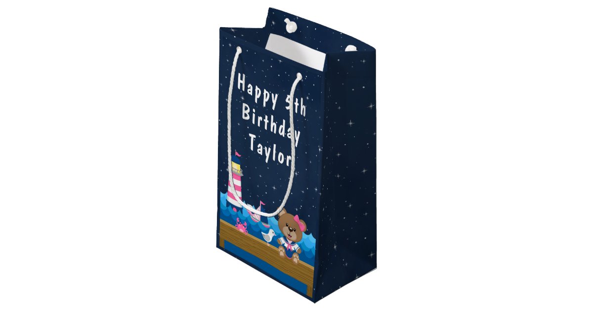 Nautical Girl Bear Pink and Navy Happy Birthday Small Gift Bag | Zazzle