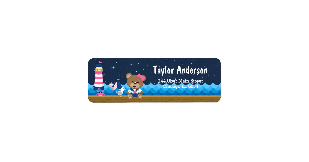 Nautical Girl Bear Pink and Navy Label | Zazzle