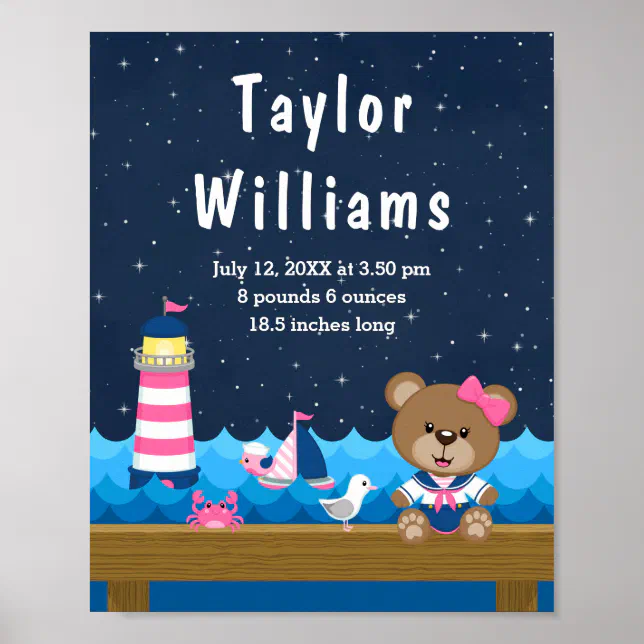 Nautical Girl Bear Pink Navy Birth Statistics Poster | Zazzle