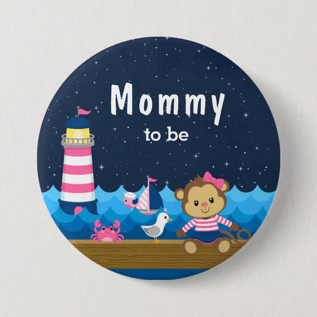 Nautical Girl Monkey Pink and Navy Mommy To Be Button | Zazzle