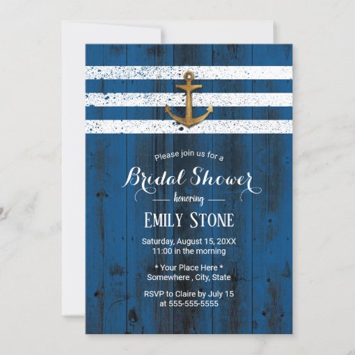 Nautical Gold Anchor Navy Barn Wood Bridal Shower Invitation Zazzle