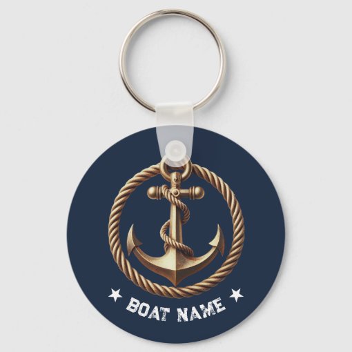 Nautical Gold Anchor Navy Blue Boat Name Keychain | Zazzle