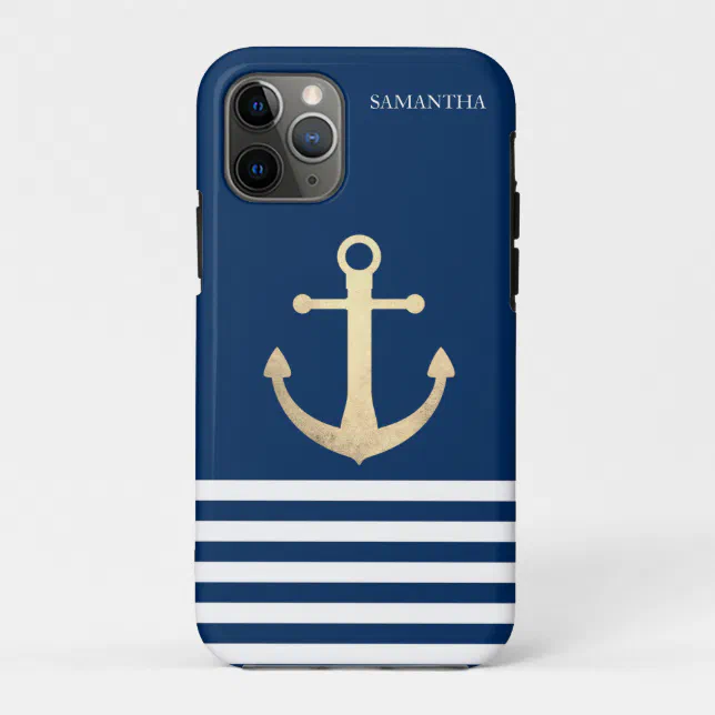Nautical, Gold Anchor Navy Blue Striped Case-Mate iPhone Case | Zazzle