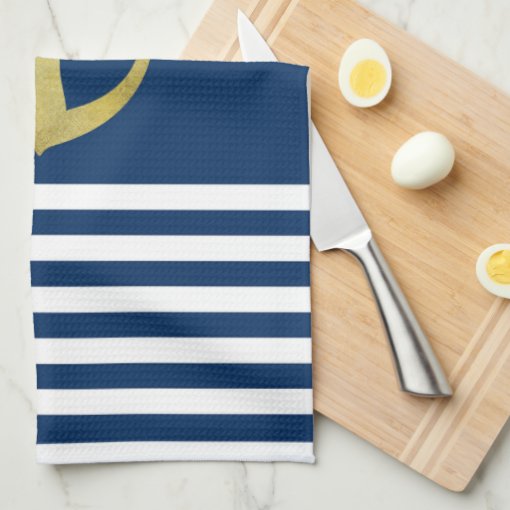Nautical Gold Anchor Navy Blue Striped Kitchen Towel Zazzle