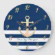 Nautical, Gold Anchor Navy Blue Striped Large Clock | Zazzle