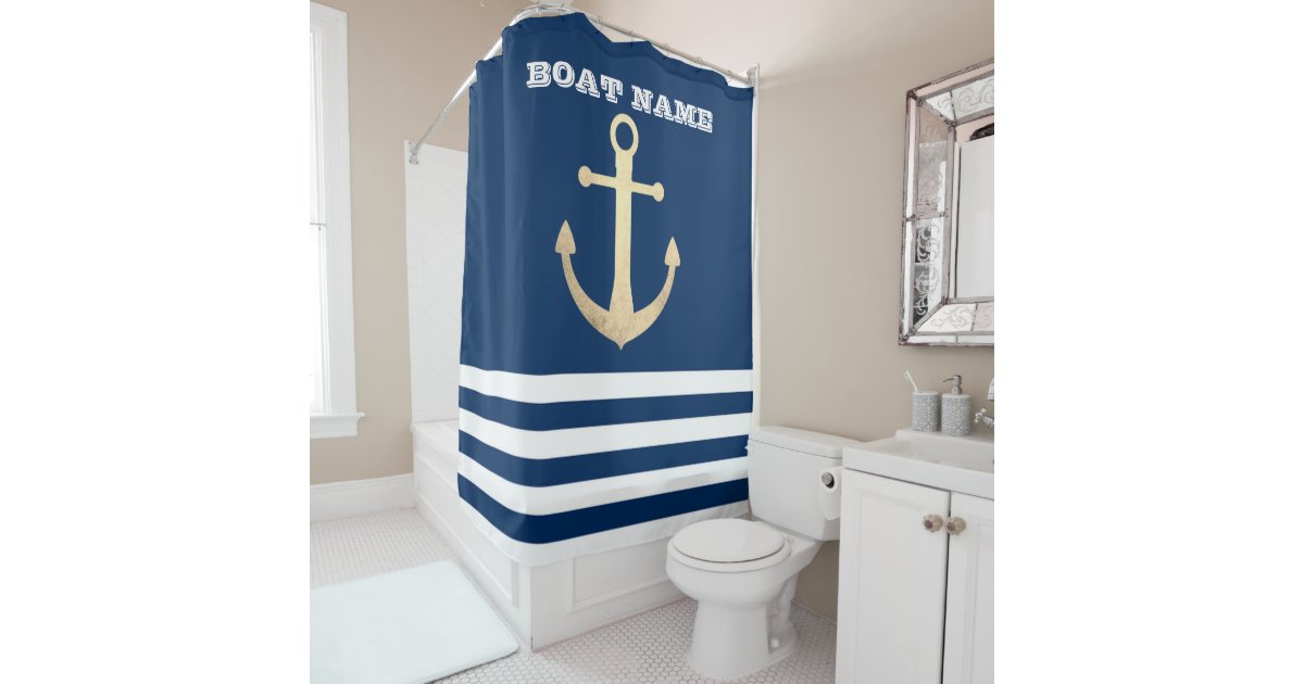 Nautical Gold Anchor Navy Blue Striped Shower Curtain Zazzle