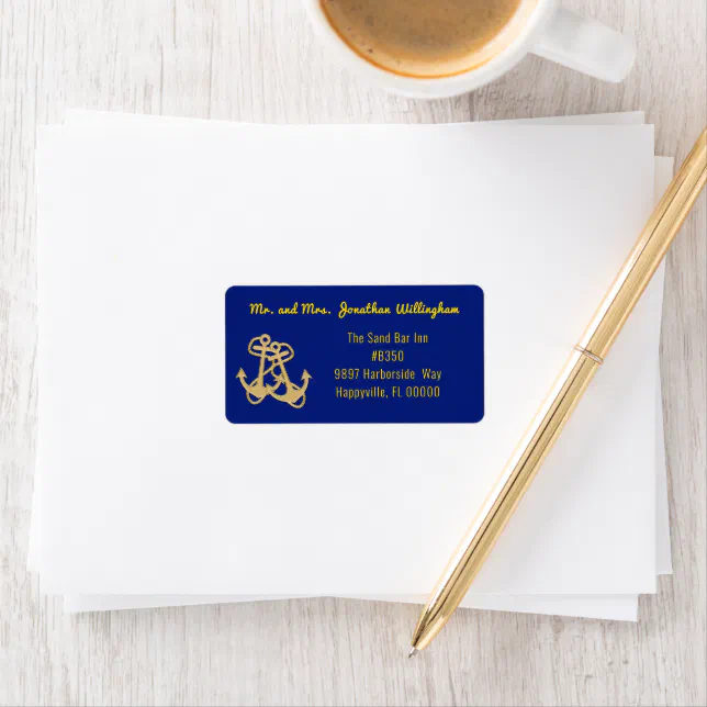 Nautical Gold Anchor Navy Blue Wide Address Labels Zazzle