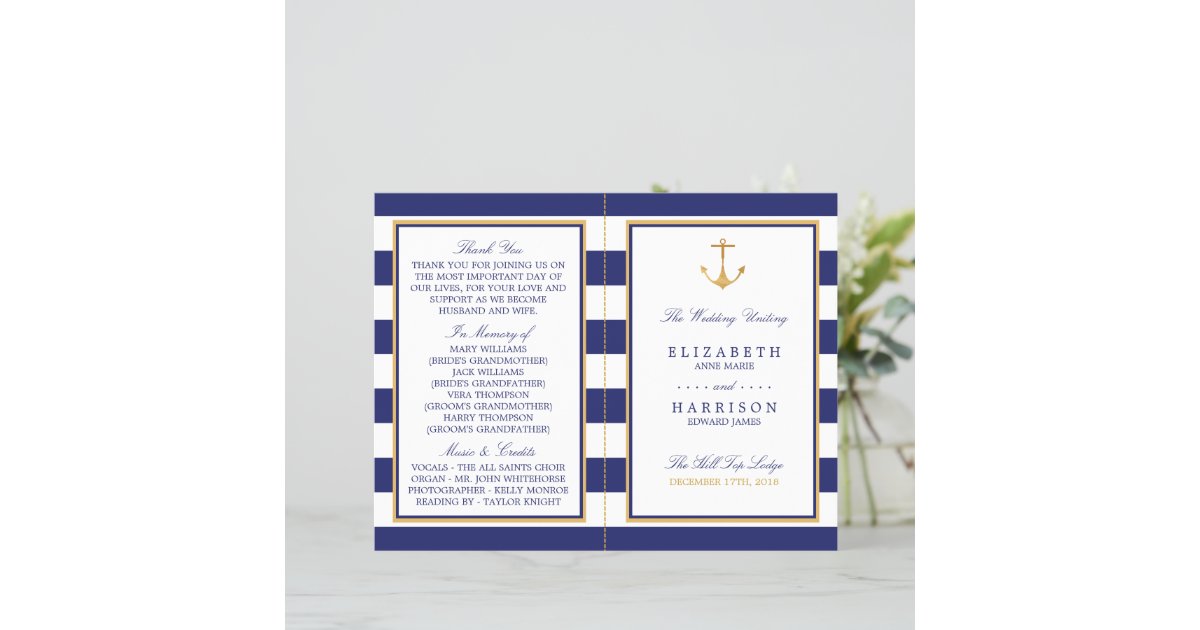 Nautical Gold Anchor Navy Gold Wedding Programme Zazzle