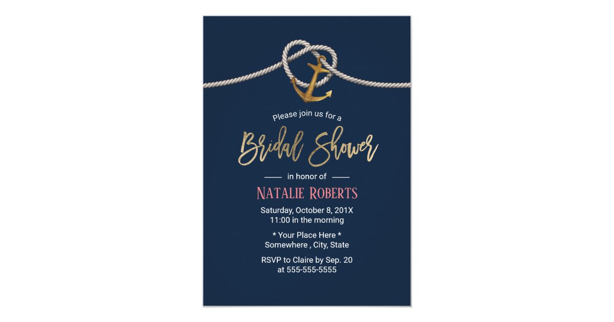 Nautical Gold Anchor Rope Navy Blue Bridal Shower Invitation | Zazzle.com