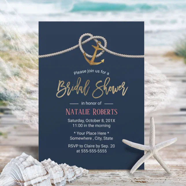 Nautical Gold Anchor Rope Navy Blue Bridal Shower Invitation | Zazzle