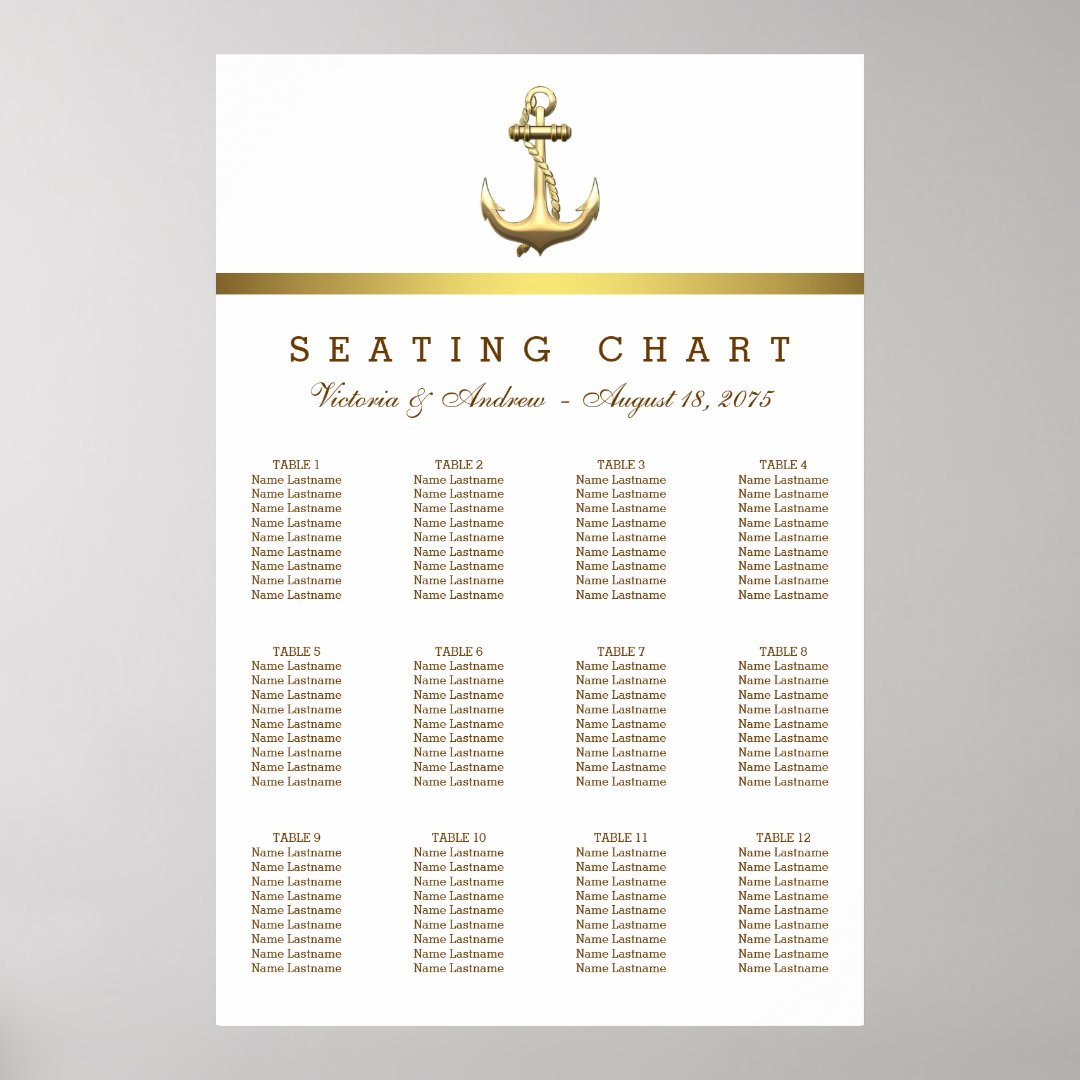 Nautical Gold Anchor Wedding Seating Chart | Zazzle