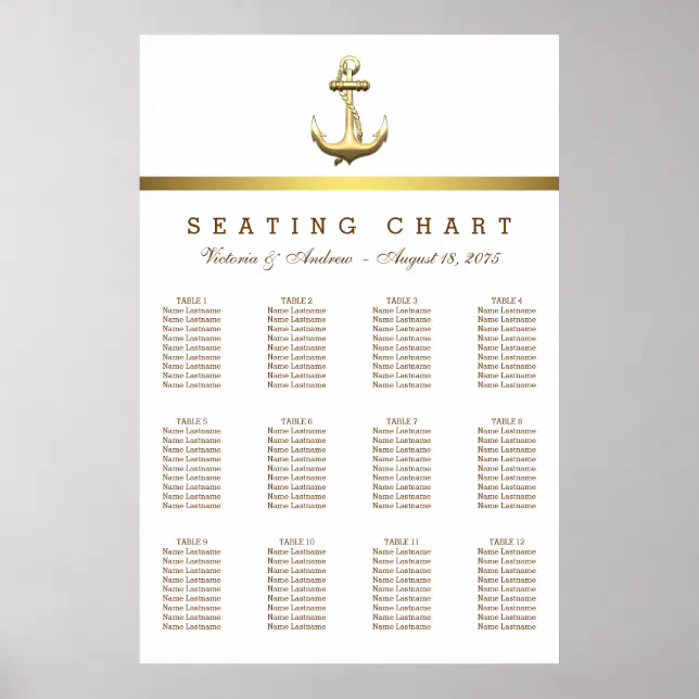 Nautical Gold Anchor Wedding Seating Chart | Zazzle