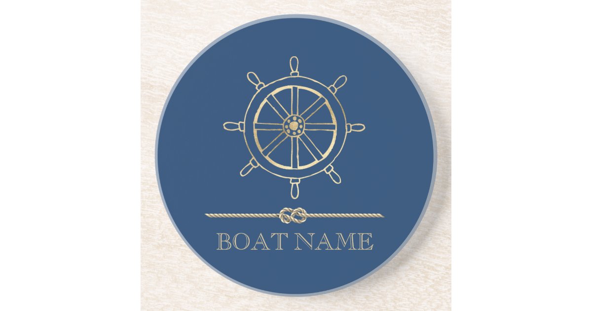 Nautical Gold Boat Wheel,Navy Blue Coaster | Zazzle
