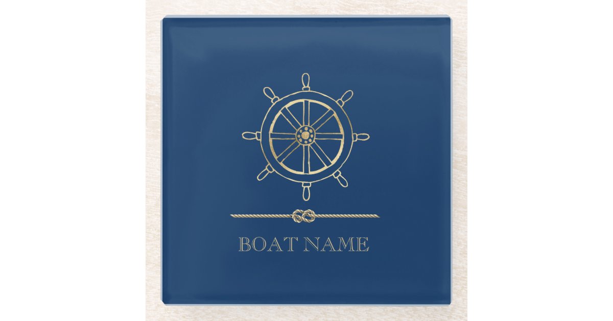 Nautical Gold Boat Wheel,Navy Blue Glass Coaster | Zazzle