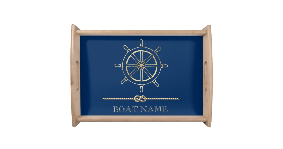 Nautical Gold Boat Wheel,Navy Blue Serving Tray | Zazzle