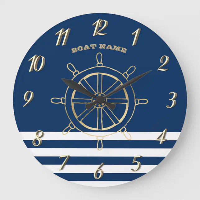 Nautical,Gold Boat Wheel, Navy Blue Stripes Large Clock | Zazzle