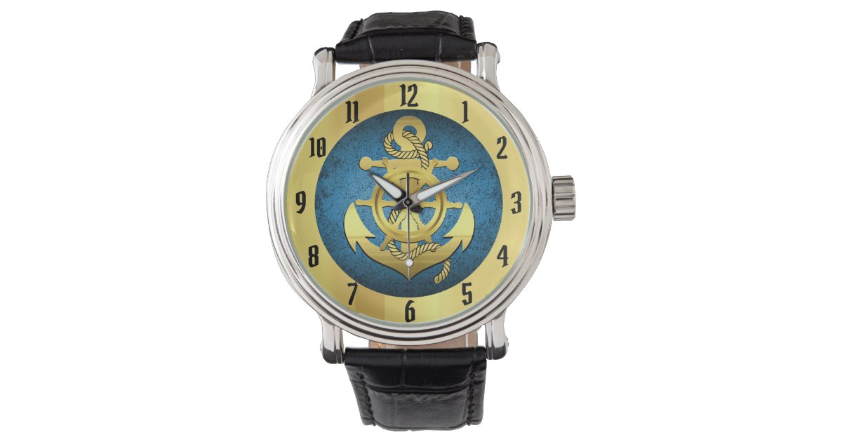 Nautical gold ship/boat anchor/blue watch | Zazzle