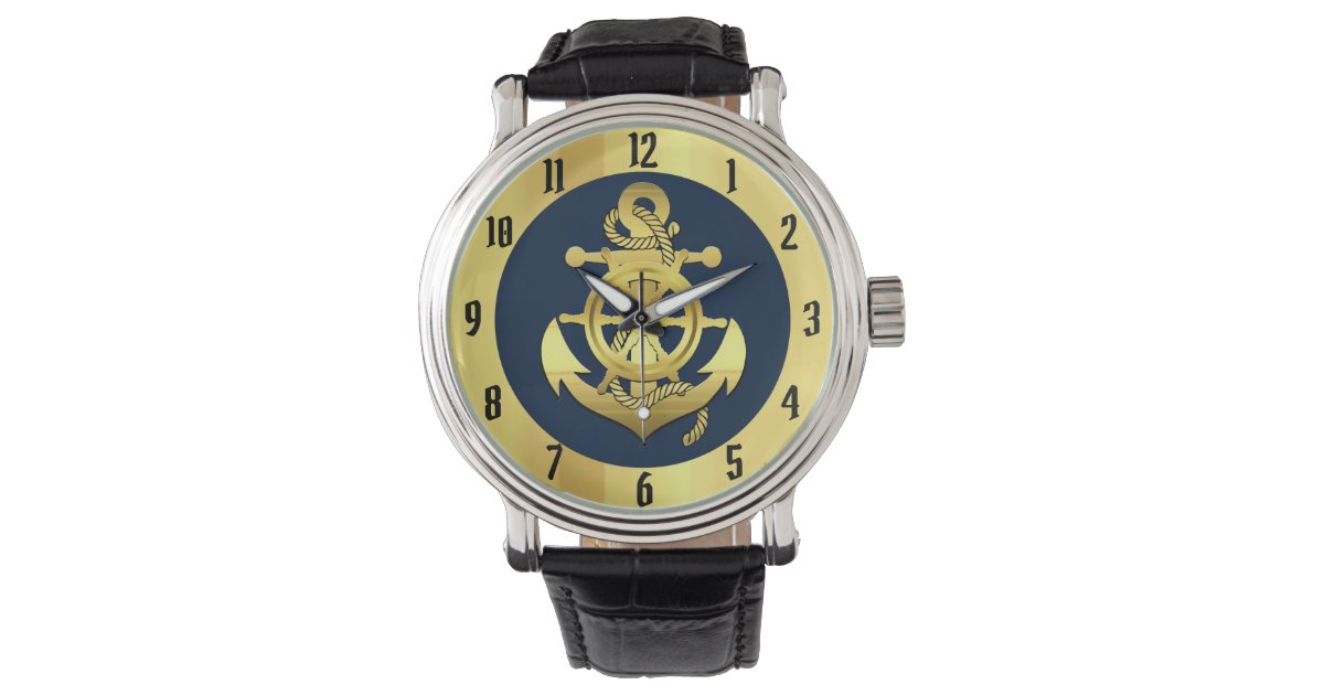 Nautical gold ship/boat anchor/navy blue round clo watch | Zazzle