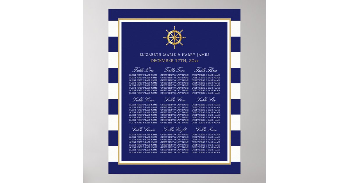 Nautical Gold Wheel, Navy & Gold Seating Chart | Zazzle