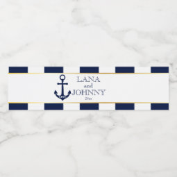 Nautical, Gold with Navy Stripes Water Bottle Label | Zazzle