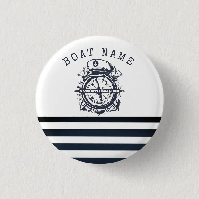 Nautical Hat, Anchor,Wheel Navy Blue Striped Button | Zazzle