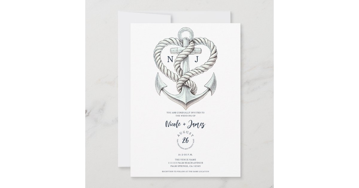 Nautical Heart Rope Anchor Coastal Wedding Invitation | Zazzle