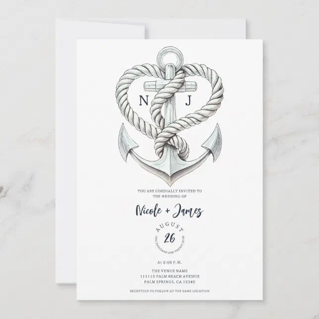 Nautical Heart Rope Anchor Coastal Wedding Invitation | Zazzle