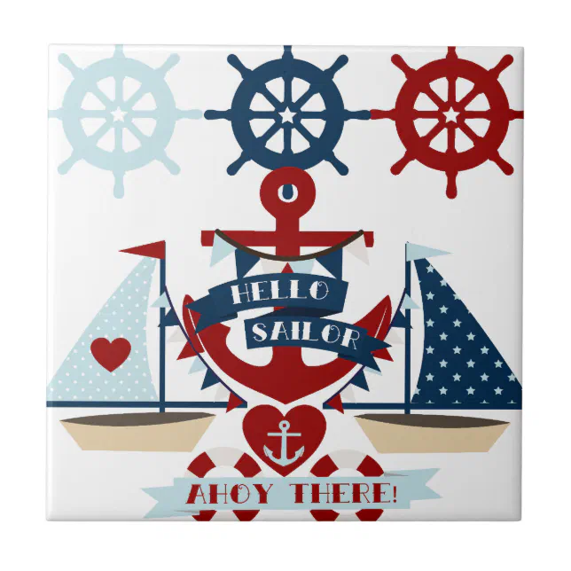 Nautical Hello Sailor Anchor Sail Boat Design Tile | Zazzle