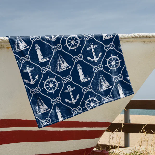 Nautical Icons Navy Blue and White Rope Beach Towel | Zazzle