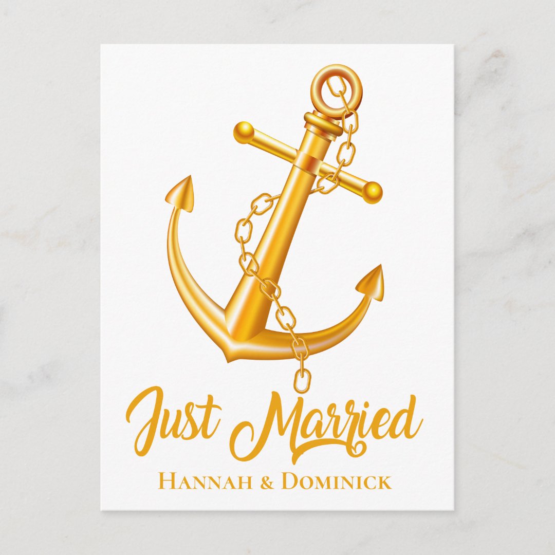 Nautical Just Married Gold Anchor Beach Wedding Announcement Postcard ...