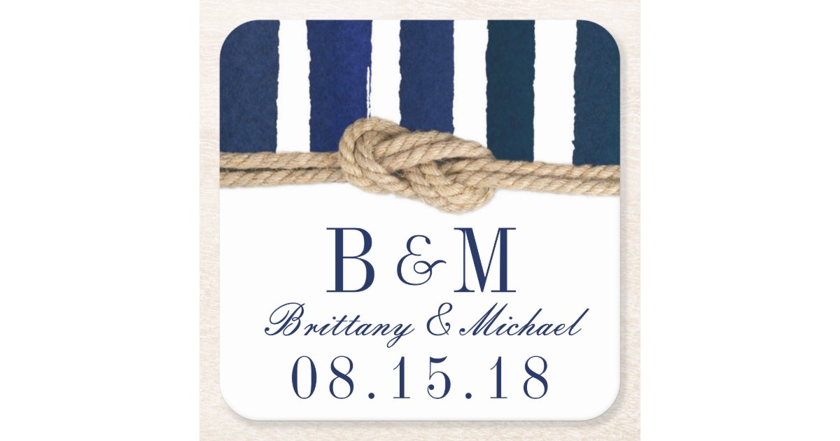 Nautical Knot Burlap Navy Stripes Wedding Coasters | Zazzle