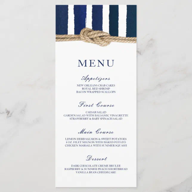 Nautical Knot Navy Stripes Wedding Menu | Zazzle