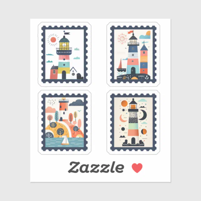 Nautical Landscapes Whimsical Lighthouse Stamp Set Sticker | Zazzle