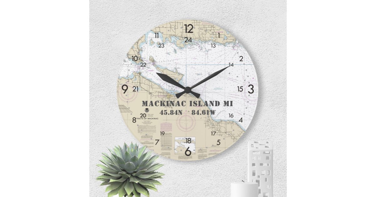 Nautical Latitude Longitude Mackinac Island 24-Hr Large Clock | Zazzle