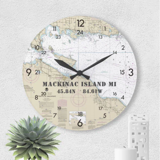Nautical Latitude Longitude Mackinac Island 24-Hr Large Clock | Zazzle
