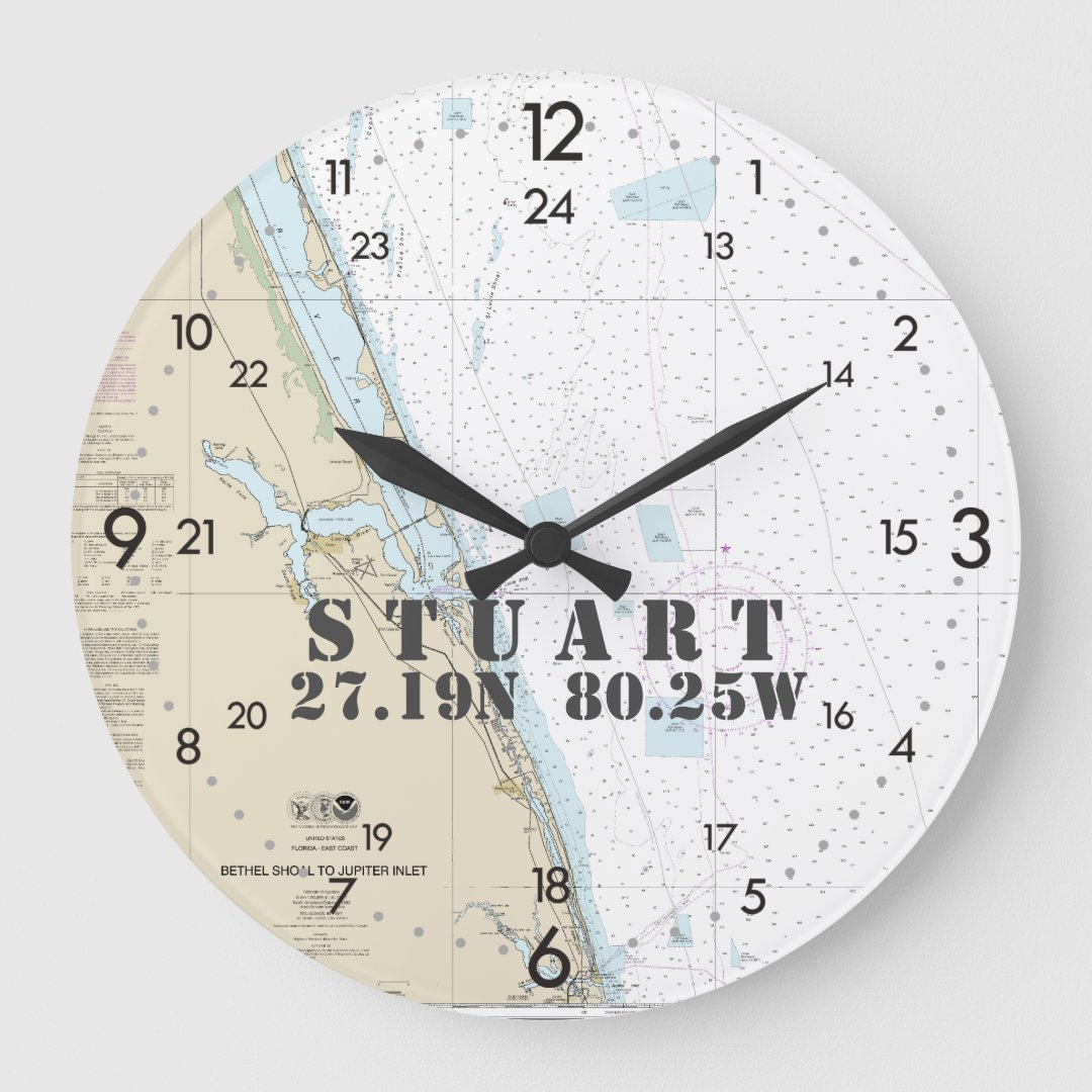 Nautical Latitude Longitude Stuart, FL 24-Hour Large Clock | Zazzle