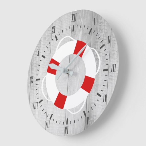 Nautical Life Saver Buoy & Gray Wood Print Large Clock | Zazzle