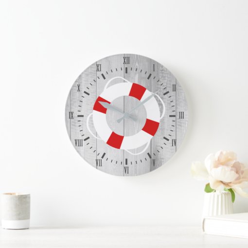 Nautical Life Saver Buoy & Gray Wood Print Large Clock | Zazzle