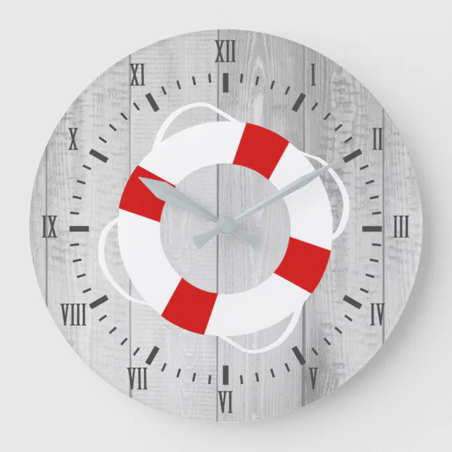 Nautical Life Saver Buoy & Gray Wood Print Large Clock | Zazzle