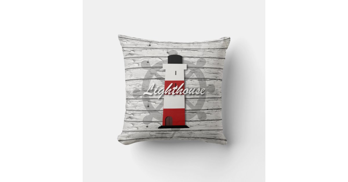Nautical Lighthouse on Gray Rustic Weathered Wood Throw Pillow | Zazzle