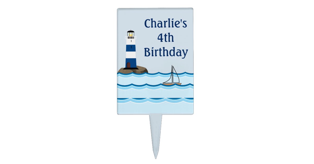 Nautical Lighthouse Scene Custom Birthday Cake Topper | Zazzle