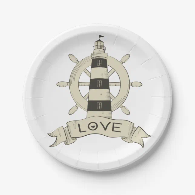 Nautical Lighthouse & Ship Wheel Wedding Party Paper Plates | Zazzle