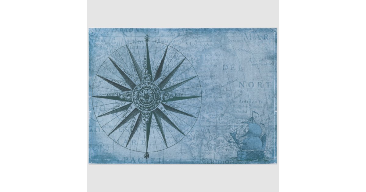Nautical Map Sailboat Compass Decoupage Blue Tissue Paper | Zazzle